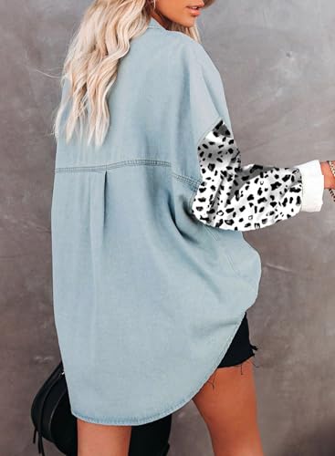 Dokotoo Womens 2023 Fashion Oversized Color Bock Leopard Contrast Denim Jacket Long Sleeve Button Up Pockets Shirts Ladies Loose Fit Shacket Tunic Blouse Tops Sky Blue M