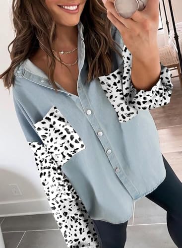 Dokotoo Womens 2023 Fashion Oversized Color Bock Leopard Contrast Denim Jacket Long Sleeve Button Up Pockets Shirts Ladies Loose Fit Shacket Tunic Blouse Tops Sky Blue M