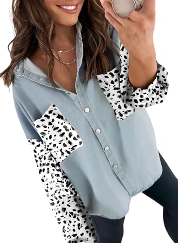 Dokotoo Womens 2023 Fashion Oversized Color Bock Leopard Contrast Denim Jacket Long Sleeve Button Up Pockets Shirts Ladies Loose Fit Shacket Tunic Blouse Tops Sky Blue M