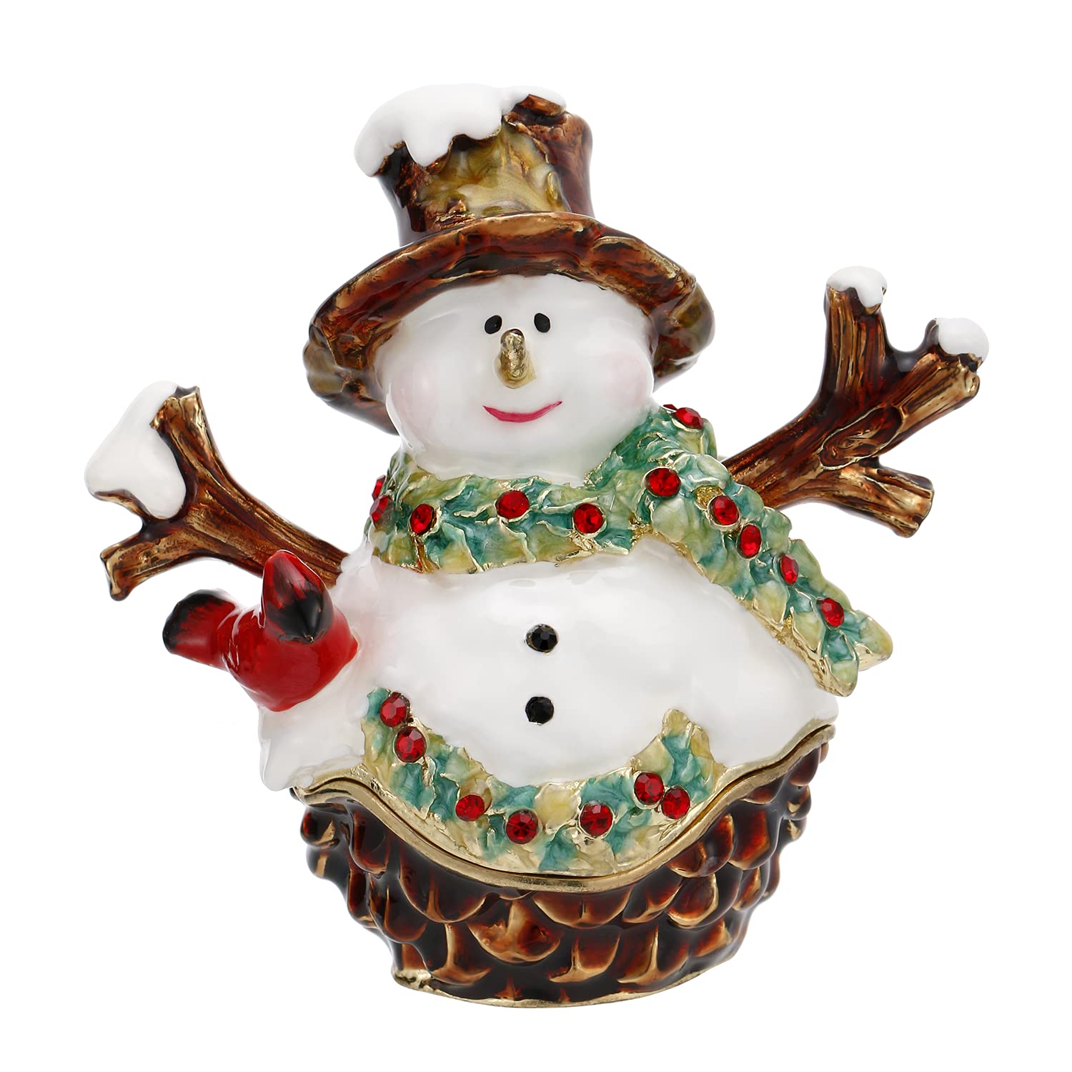 Hand Painted Enamel Trinket Box, Hinged Jewelry Organizer Mini Ring Earrings Storage, Unique Home Decor Figurine Keepsake Collectible, Personalized Elegant Handmade Ornament (White Snowman)