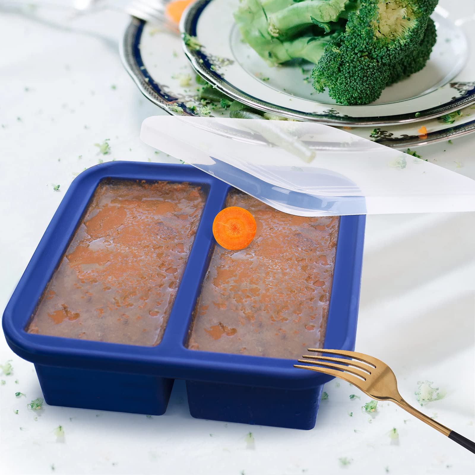 Kinggrand Kitchen 2 Cup Silicone Freezer Trays with Lid 2 Pack Silicone Soup Freezer Molds Make 4 Perfect 2 Cup Portions - Easy Release Soup Freezer Containers for Food Soup, Broth, Stew or Sauce