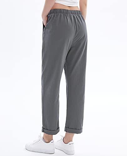 Women's Drawstring Linen Cropped Pants Women Summer Elastic Waist Soft Cotton Pant (Grey-901, XX-Large)