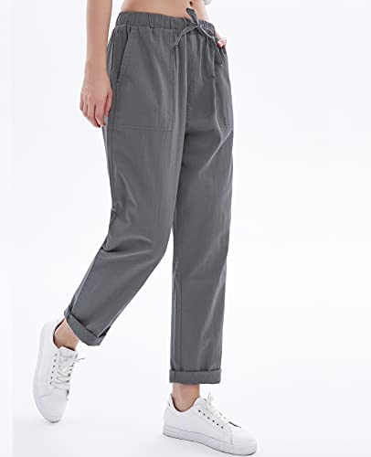 Women's Drawstring Linen Cropped Pants Women Summer Elastic Waist Soft Cotton Pant (Grey-901, XX-Large)