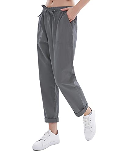 Women's Drawstring Linen Cropped Pants Women Summer Elastic Waist Soft Cotton Pant (Grey-901, XX-Large)