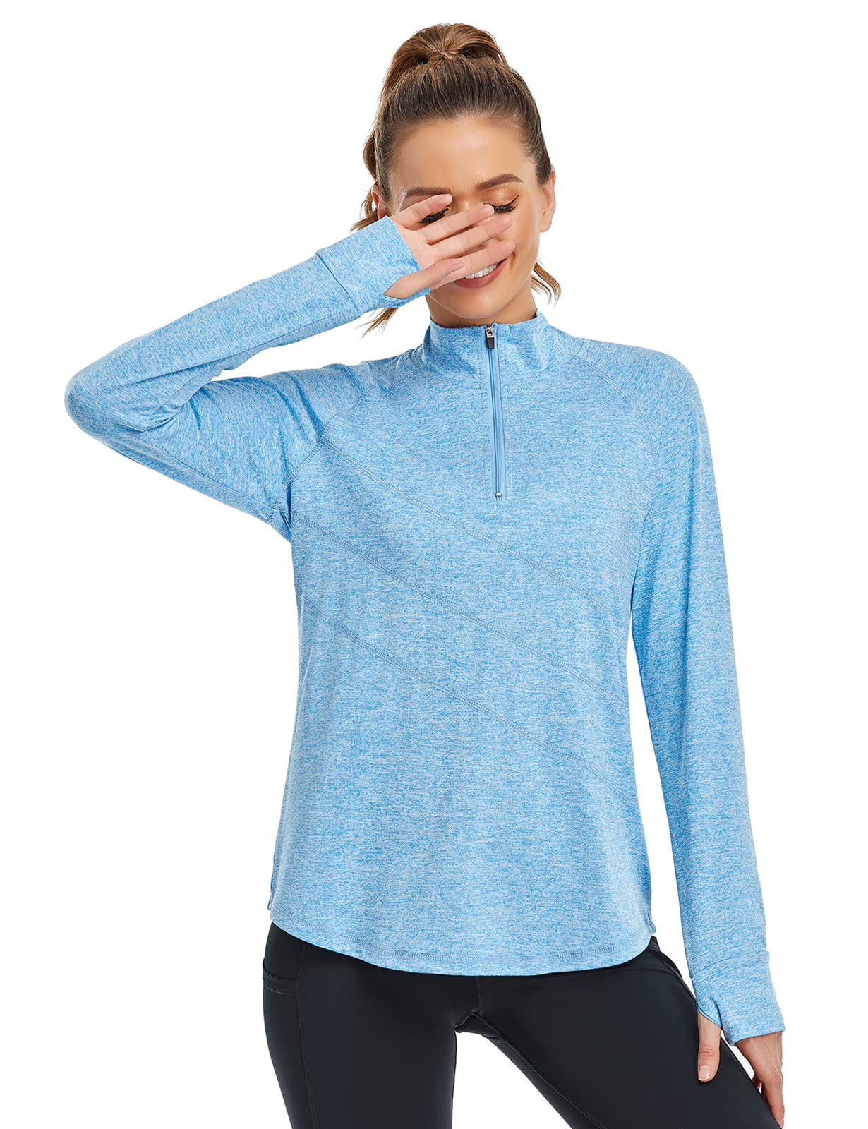 Quarter Zip Pullover Women,Cucuchy Long Sleeve T Shirts Fit Athletic Tops V Neck Quarter Zip Sweat Wicking Trendy Casual Golf Top Yoga Running Training Athletic Fall Warm Tunic Blue M