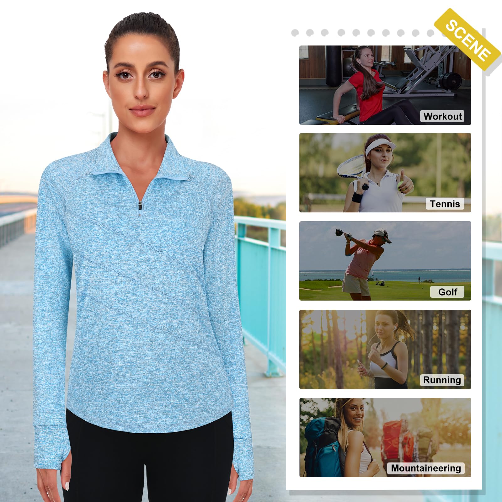 Quarter Zip Pullover Women,Cucuchy Long Sleeve T Shirts Fit Athletic Tops V Neck Quarter Zip Sweat Wicking Trendy Casual Golf Top Yoga Running Training Athletic Fall Warm Tunic Blue M