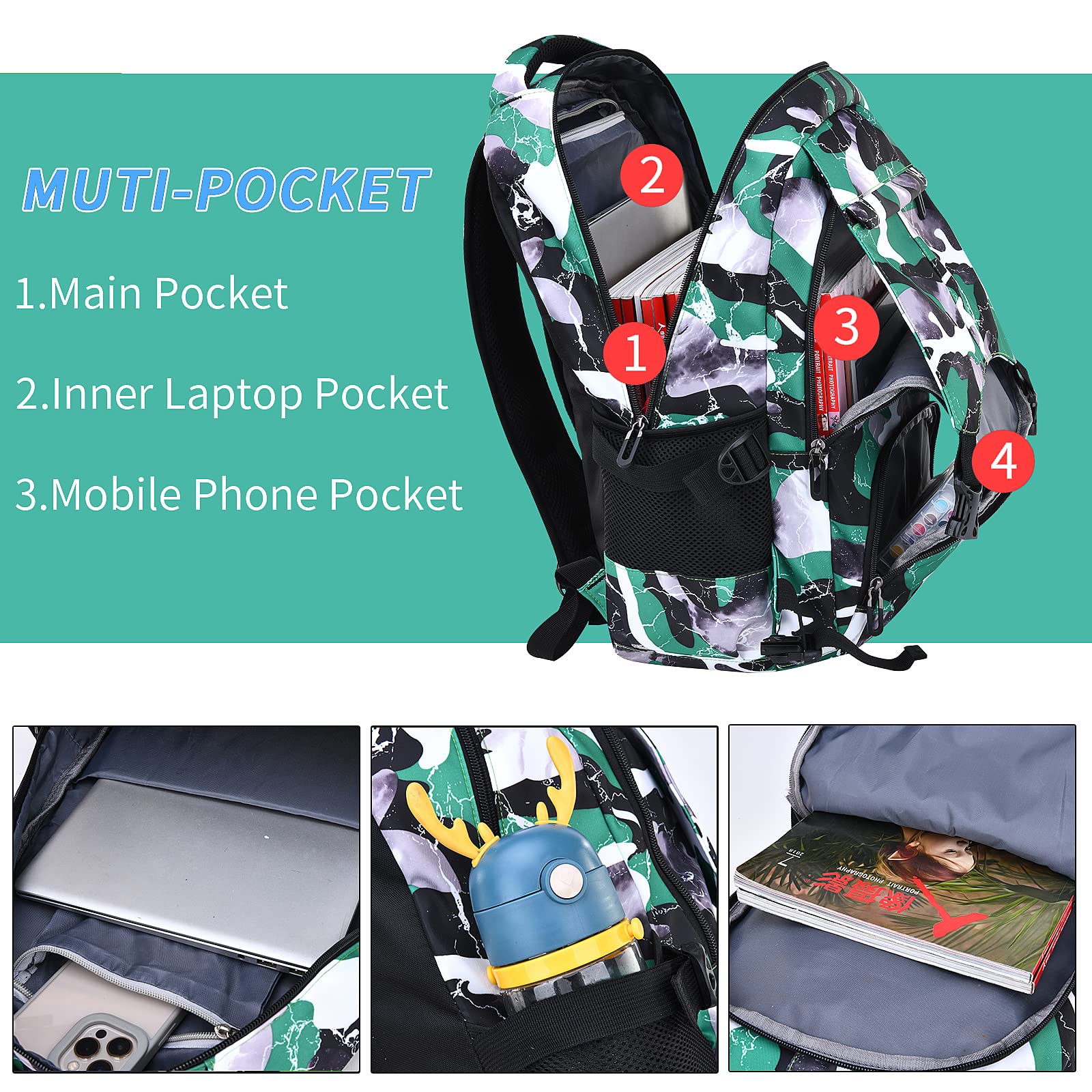 Yvechus School Backpack Casual Daypack Travel Outdoor Camouflage Backpack Christmas Presents for Boys and Girls (AY Camo Green)