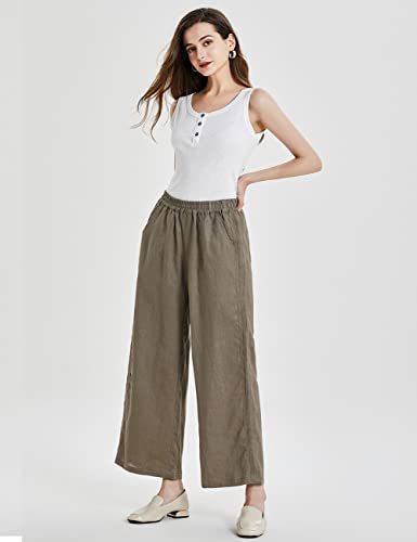 IXIMO Women's 100% Linen Pants Elastic Pleated Wide Leg Straight Fit Palazzo Pants Capri Style_ Dark Khaki XL