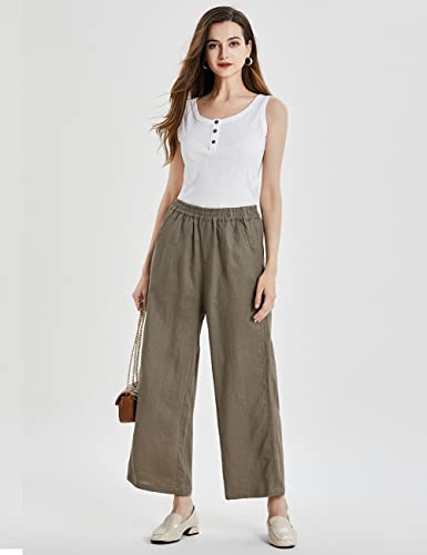 IXIMO Women's 100% Linen Pants Elastic Pleated Wide Leg Straight Fit Palazzo Pants Capri Style_ Dark Khaki XL