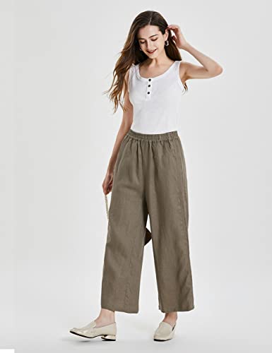 IXIMO Women's 100% Linen Pants Elastic Pleated Wide Leg Straight Fit Palazzo Pants Capri Style_ Dark Khaki XL