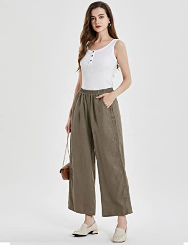 IXIMO Women's 100% Linen Pants Elastic Pleated Wide Leg Straight Fit Palazzo Pants Capri Style_ Dark Khaki XL