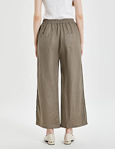 IXIMO Women's 100% Linen Pants Elastic Pleated Wide Leg Straight Fit Palazzo Pants Capri Style_ Dark Khaki XL