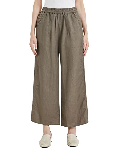 IXIMO Women's 100% Linen Pants Elastic Pleated Wide Leg Straight Fit Palazzo Pants Capri Style_ Dark Khaki XL