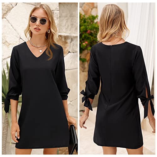 BELONGSCI Women's 2024 Summer Dress Sweet & Cute V-Neck Self Tie 3/4 Sleeve Casual Shift Dress