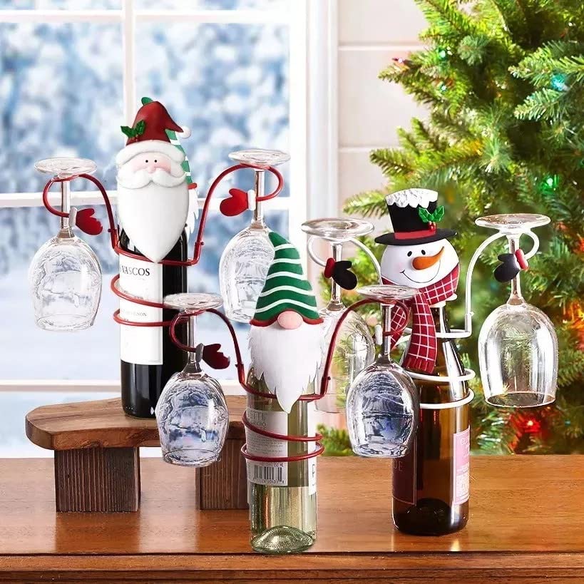 Christmas Holiday Wine Bottle Glass Holders, Snowman Santa Claus Gnome Organizer Rack, Christmas Home Decor Kitchen Storage Bar, Wine Cellar, Cabinet, Pantry,Rack Bar (Set of 3)