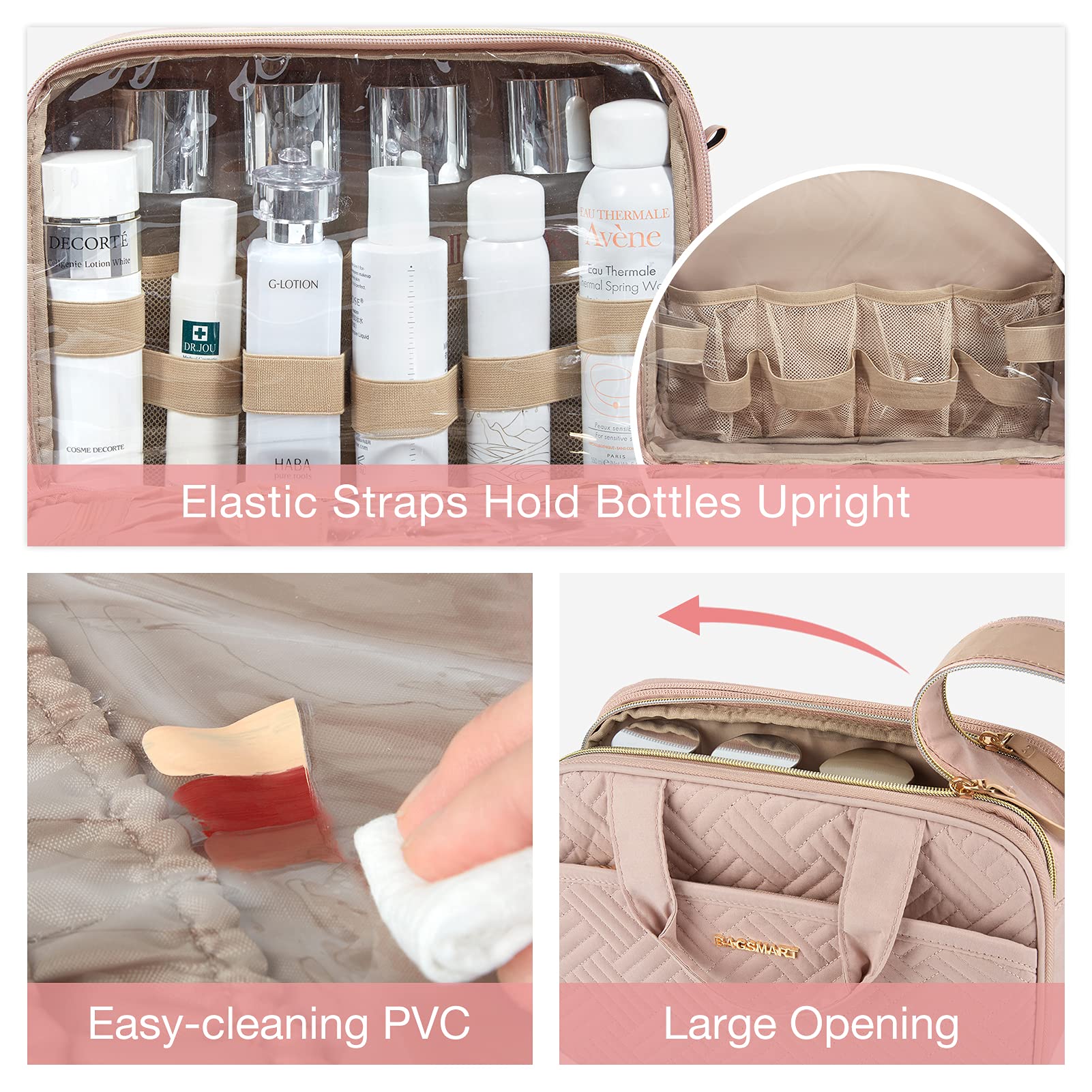 BAGSMART Toiletry Bag for Women, Large Toiletry Bag Water-resistant Makeup Cosmetic Organizer Bag Door Room Essentials for Accessories, Shampoo, Full Sized Container, Toiletries (Medium, Pink)