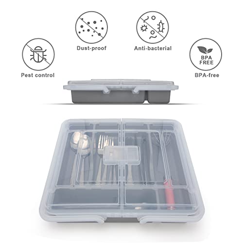 YICOCHI Portable Utensil Holder for Countertop with Lid & Handle, Plastic Silverware Tray for Drawer Flatware Organizer, Gray
