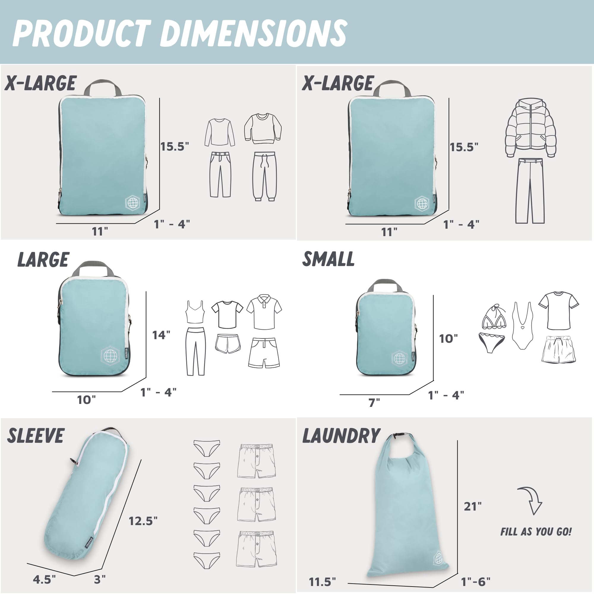 Large Packing Cubes for Travel-Extra Large Compression Luggage Organizers 7 Piece Set-Ultralight, Expandable/Compression Bags for Clothes by TRIPPED Travel Gear (DustyTeal/White)