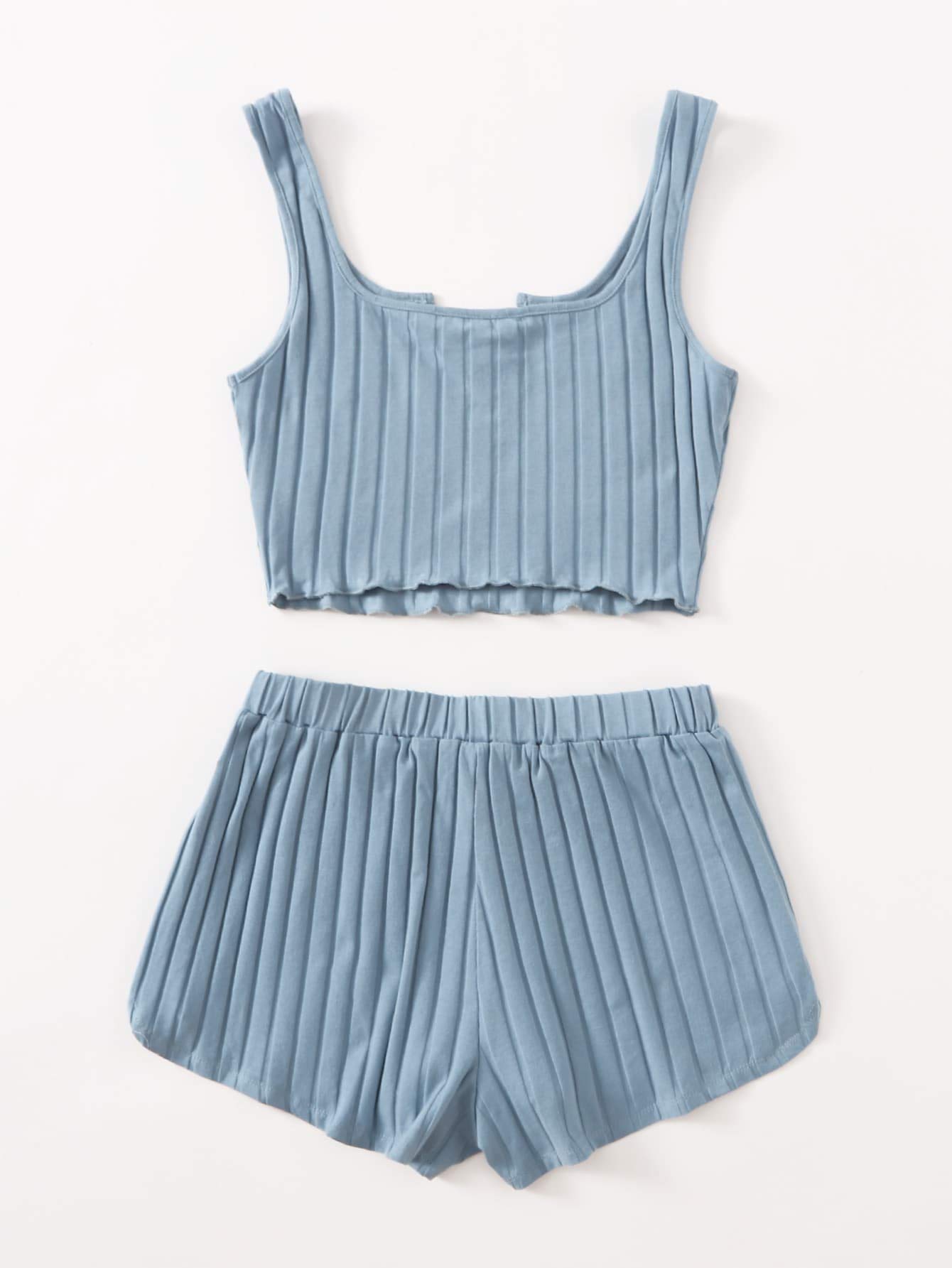 Verdusa Women's Notch Neck Cami Tank Top and Dolphin Shorts Lounge Pajama Set Blue XS