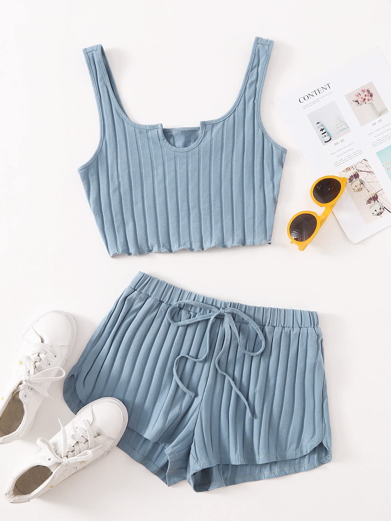 Verdusa Women's Notch Neck Cami Tank Top and Dolphin Shorts Lounge Pajama Set Blue XS