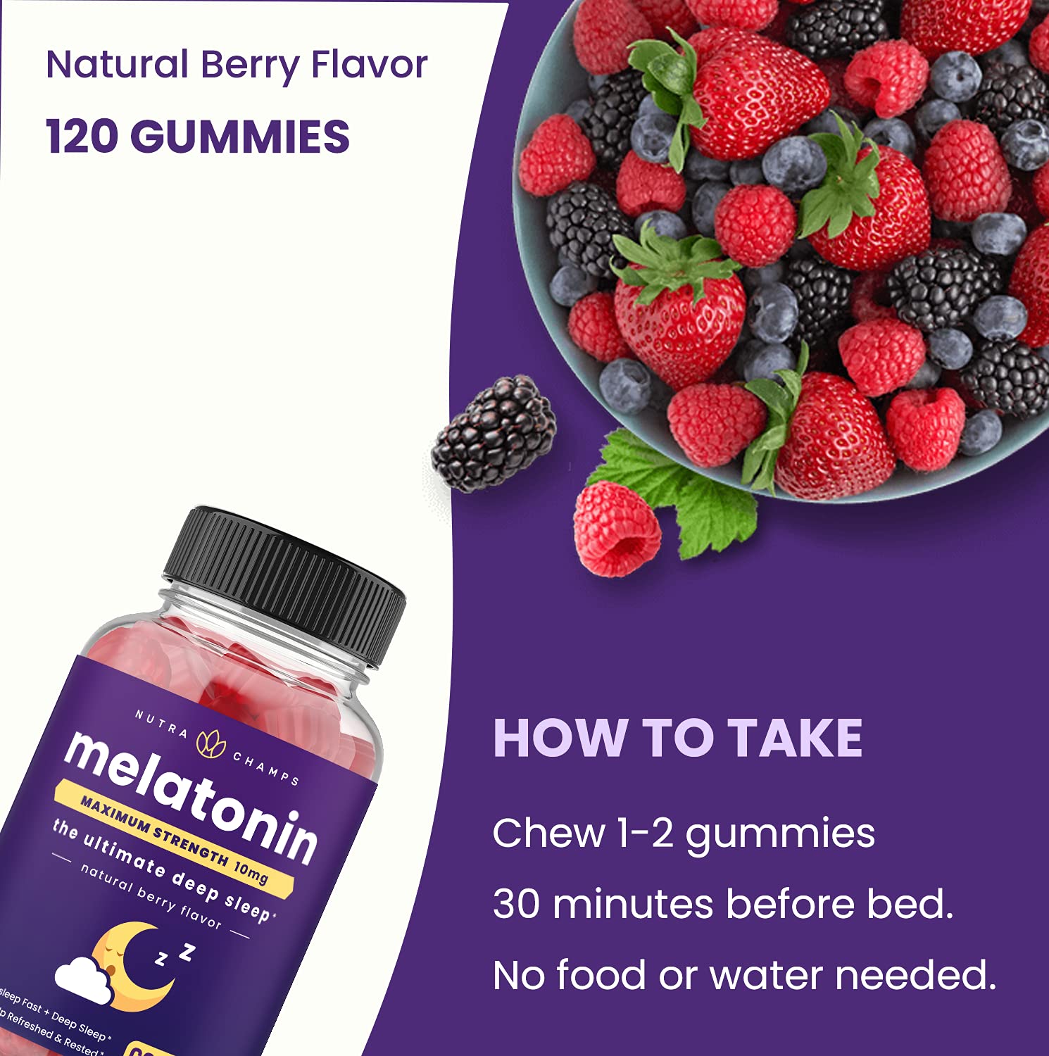 NutraChamps (Pack of 2 Melatonin Gummies for Adults, Extra Strength Sleep Aid Vitamins, 5mg or 10mg Dose, Vegan Natural Strawberry Flavor Supplement for Better Sleep, 120 Gummies