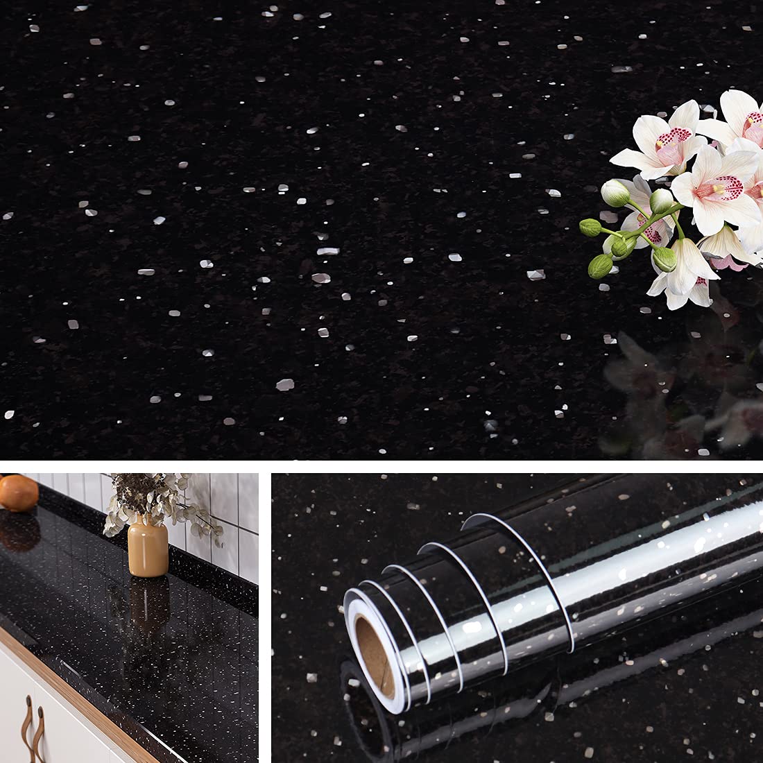 Livelynine Galaxy Black Granite Contact Paper for Countertops Waterproof Marble Countertop Peel and Stick Counter Top Covers Kitchen Wallpaper Self Adhesive Desk Vinyl Wrap Bathroom Sticker 15.8x78.8
