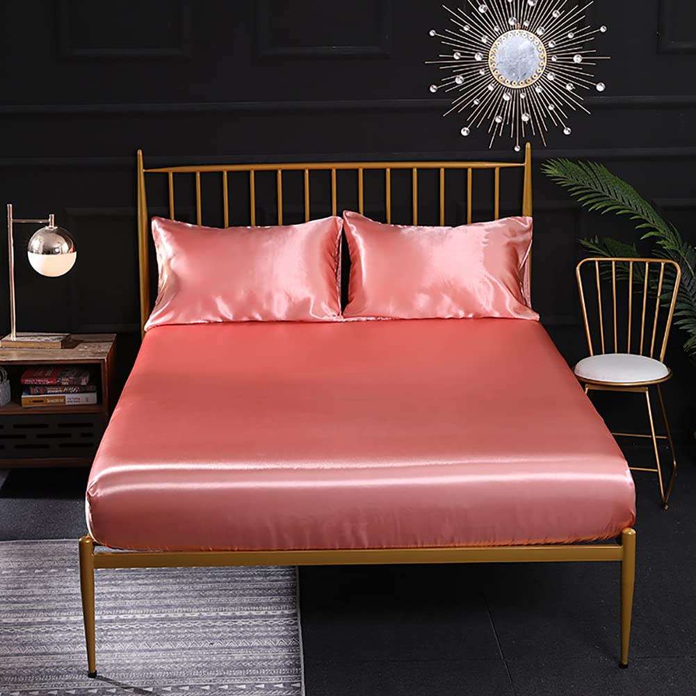 Satin Bed Sheet Set,Extra Soft Deep Pocket Silky Satin Sheet Set with 1 Fitted Sheet +1 Flat Sheet + 2 Pillow Cases(4-Piece Sakura Pink, Twin)