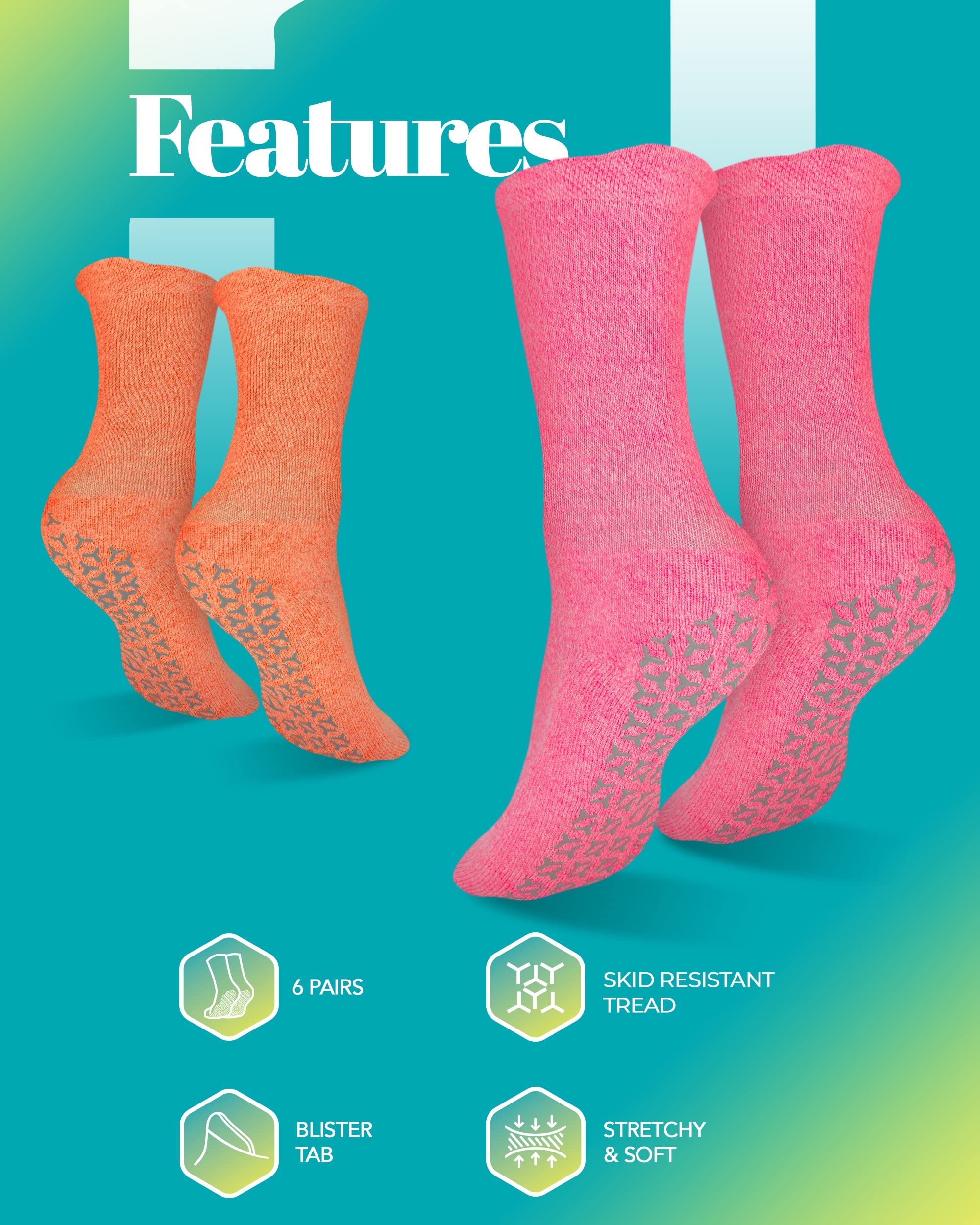 TruGrippin No Slip Socks Women - 6 Pair Non Skid Socks Womens | Grippy Socks for Women