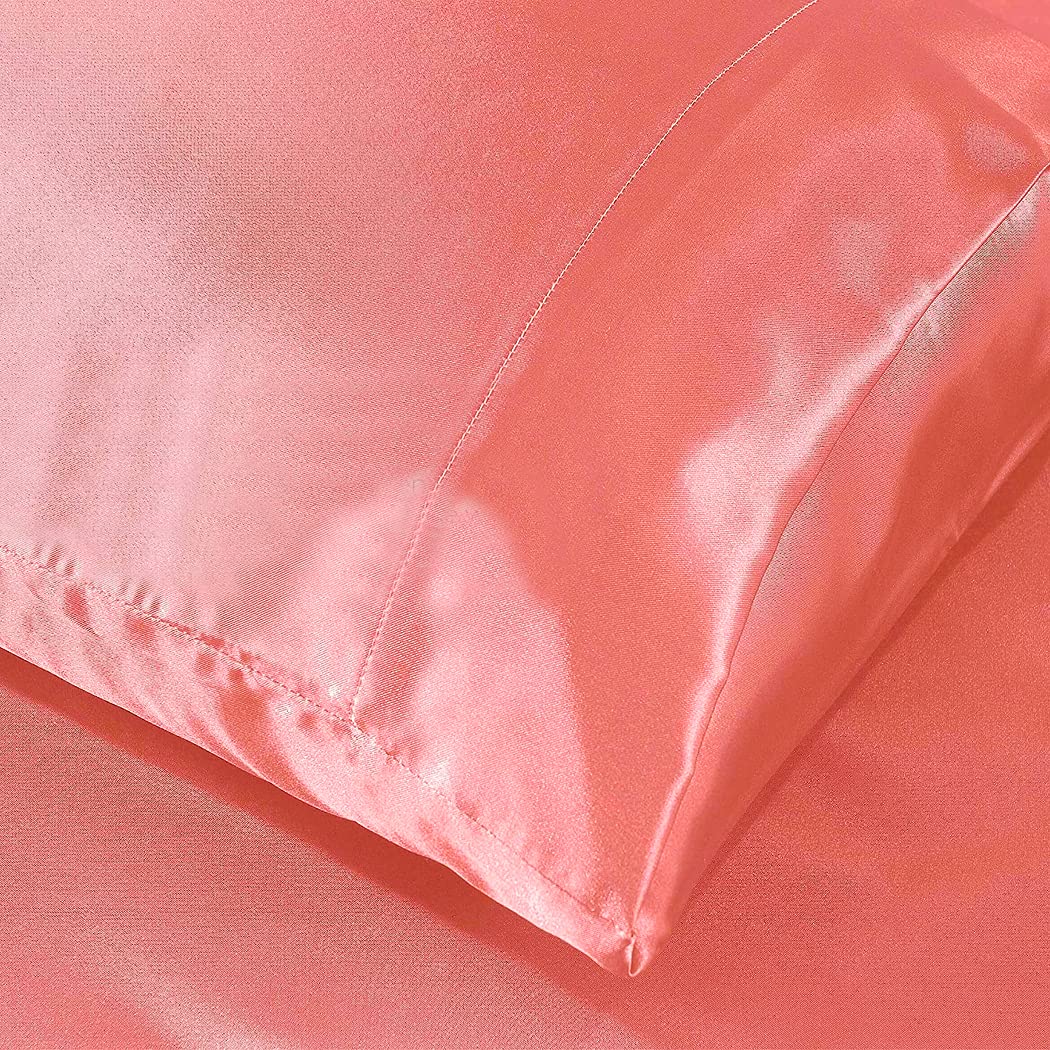 Satin Bed Sheet Set,Extra Soft Deep Pocket Silky Satin Sheet Set with 1 Fitted Sheet +1 Flat Sheet + 2 Pillow Cases(4-Piece Sakura Pink, Twin)