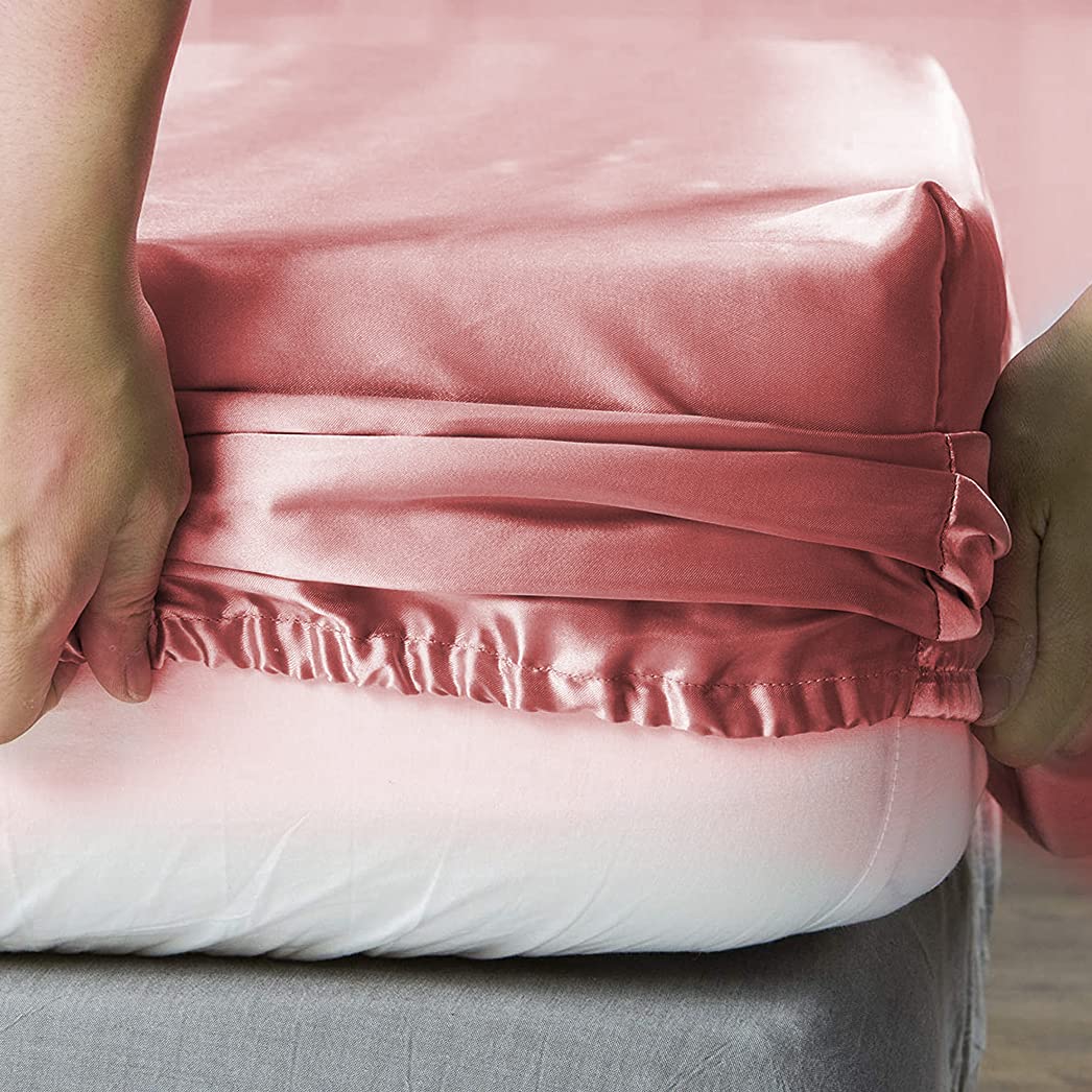 Satin Bed Sheet Set,Extra Soft Deep Pocket Silky Satin Sheet Set with 1 Fitted Sheet +1 Flat Sheet + 2 Pillow Cases(4-Piece Sakura Pink, Twin)