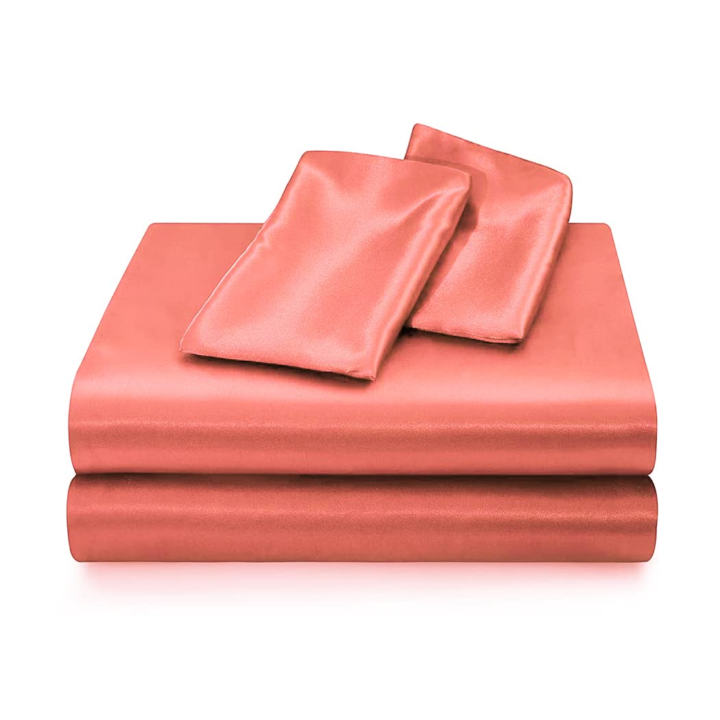 Satin Bed Sheet Set,Extra Soft Deep Pocket Silky Satin Sheet Set with 1 Fitted Sheet +1 Flat Sheet + 2 Pillow Cases(4-Piece Sakura Pink, Twin)
