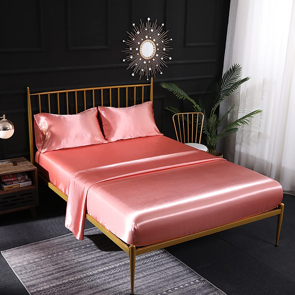 Satin Bed Sheet Set,Extra Soft Deep Pocket Silky Satin Sheet Set with 1 Fitted Sheet +1 Flat Sheet + 2 Pillow Cases(4-Piece Sakura Pink, Twin)