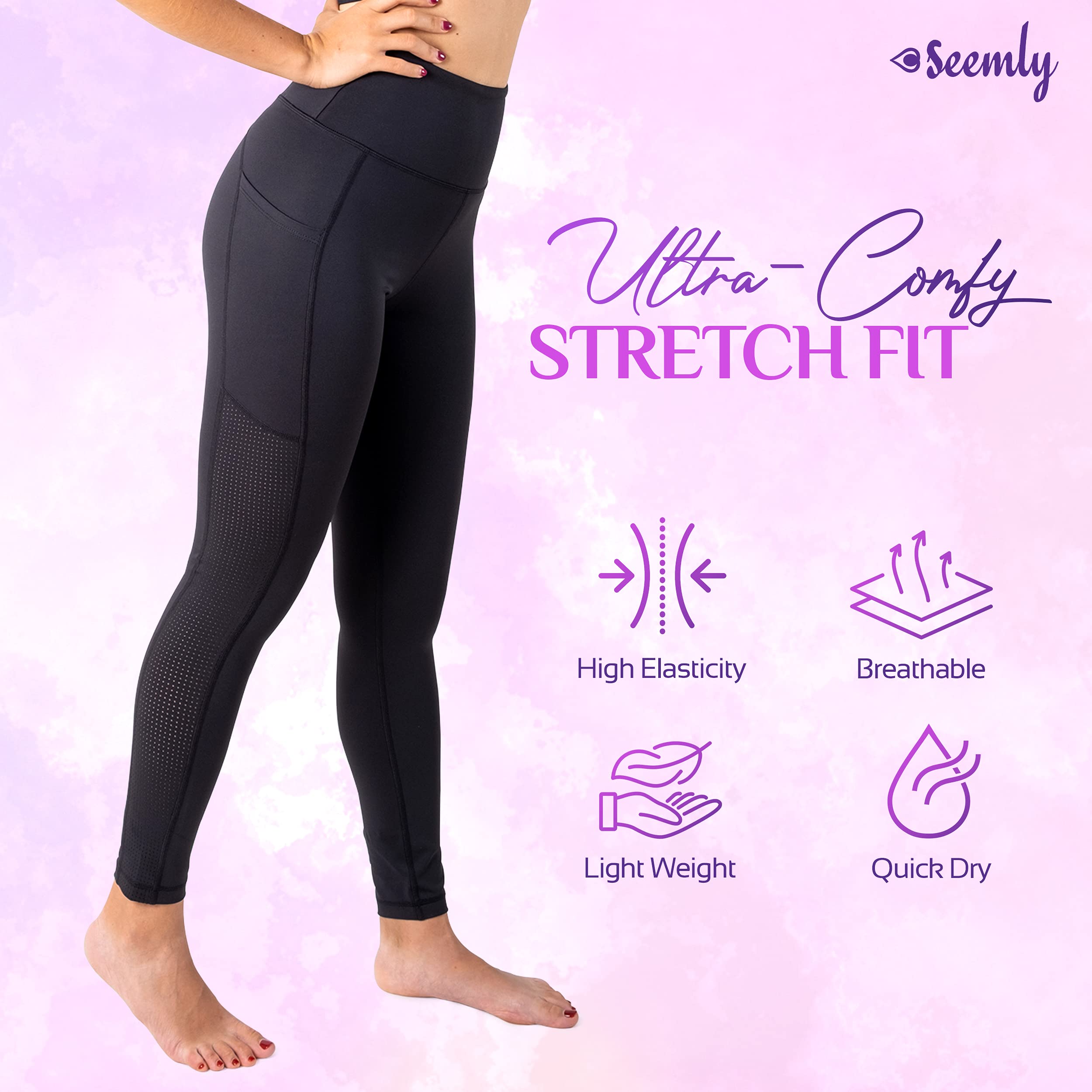 SEEMLY High Waisted Leggings with Pockets | Breathable Yoga Pants| Women Workout Leggings for Tummy Control | Made from Quick-Drying, Non-See Through Fabric with High Elasticity Black