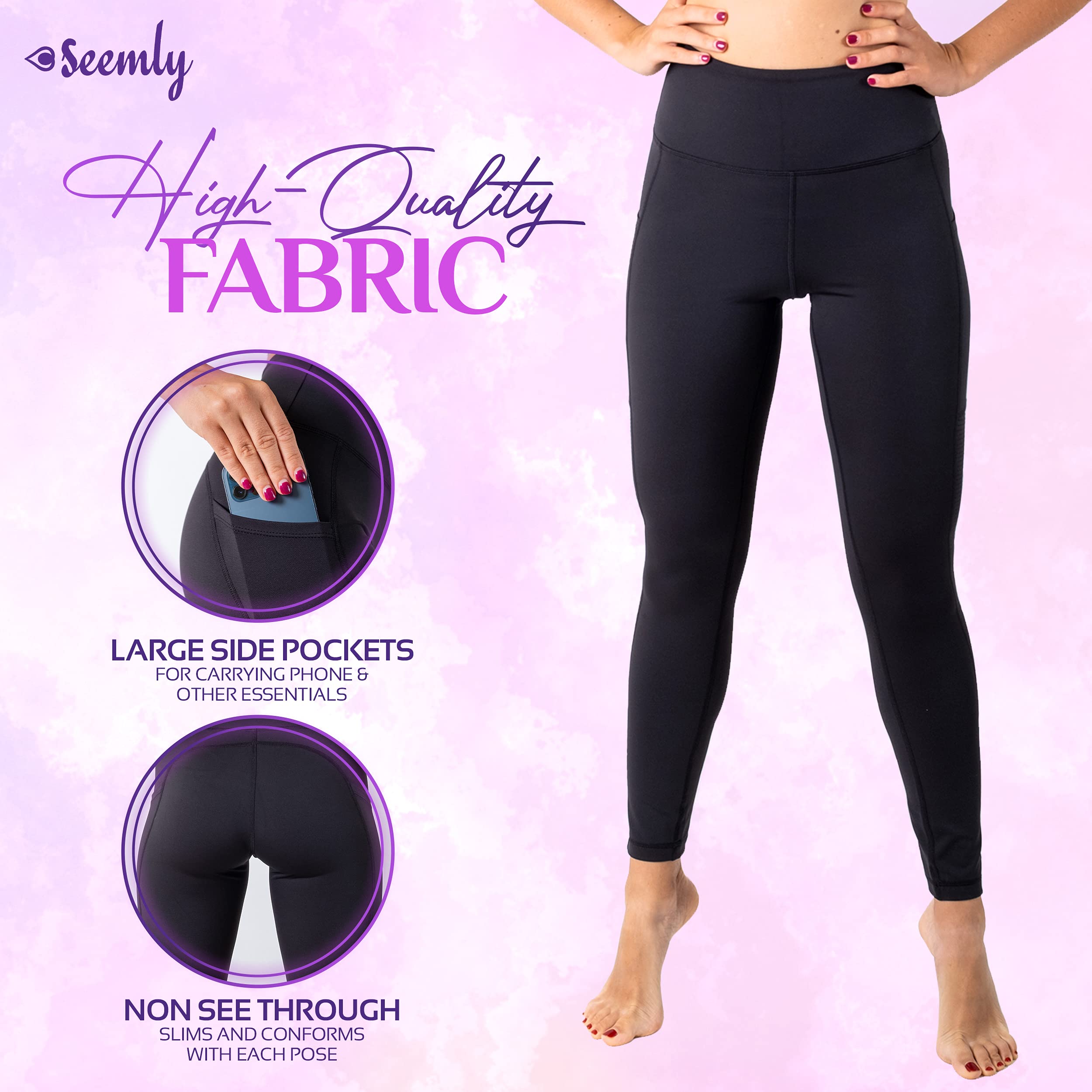 SEEMLY High Waisted Leggings with Pockets | Breathable Yoga Pants| Women Workout Leggings for Tummy Control | Made from Quick-Drying, Non-See Through Fabric with High Elasticity Black