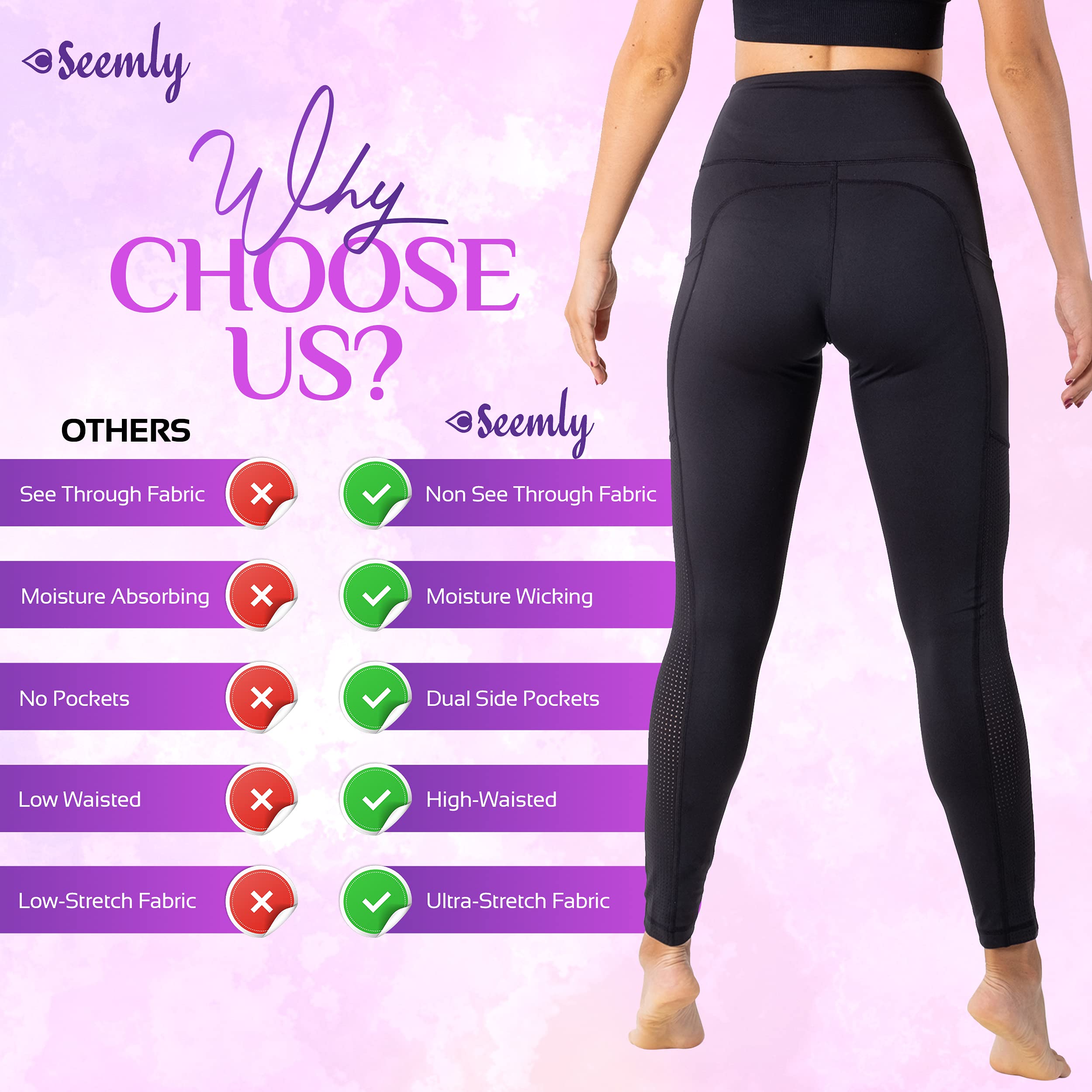 SEEMLY High Waisted Leggings with Pockets | Breathable Yoga Pants| Women Workout Leggings for Tummy Control | Made from Quick-Drying, Non-See Through Fabric with High Elasticity Black