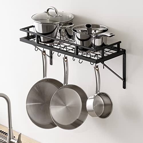KES Kitchen Pot Pan Rack 24 Inch Hanging Storage Organizer Wall Shelf With Hooks Wall Mounted Matte Black, KUR215S60-BK