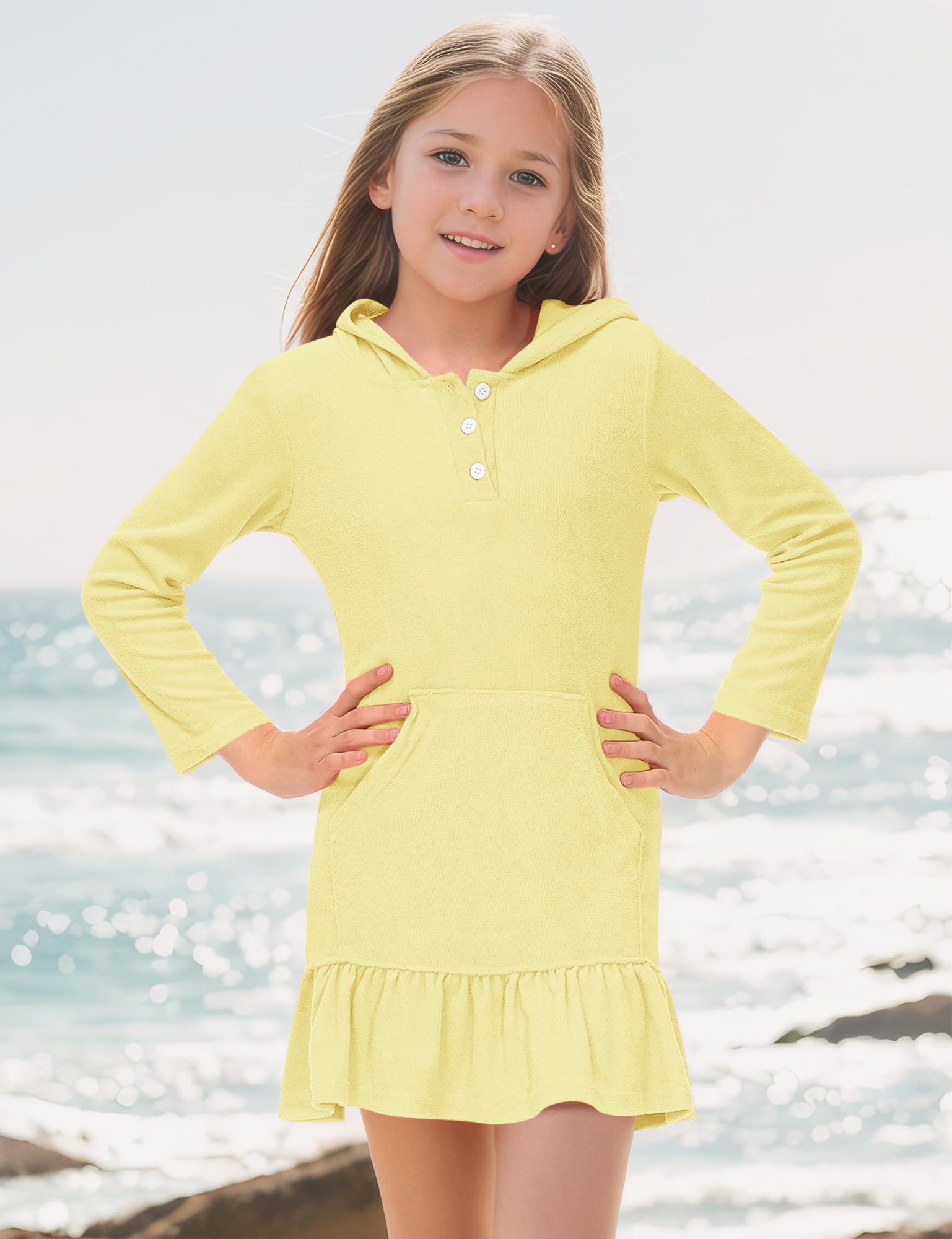 BesserBay Girl's Summer Towel Dress Terry Button Down Solid Bathrobe Ruffle Hem Yellow Quickly Dry with Pocket Hoodie Beach Robe 3-4 Years