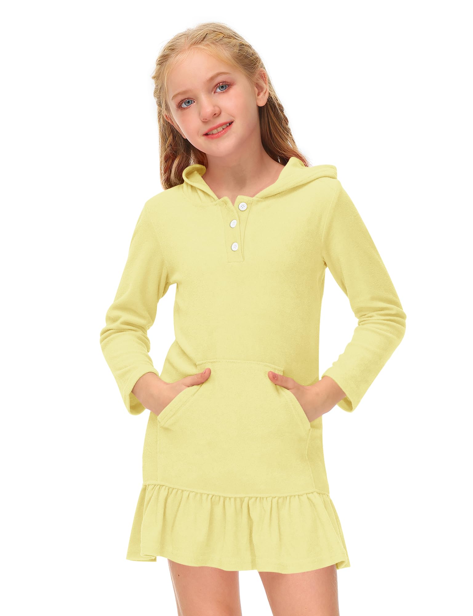 BesserBay Girl's Summer Towel Dress Terry Button Down Solid Bathrobe Ruffle Hem Yellow Quickly Dry with Pocket Hoodie Beach Robe 3-4 Years