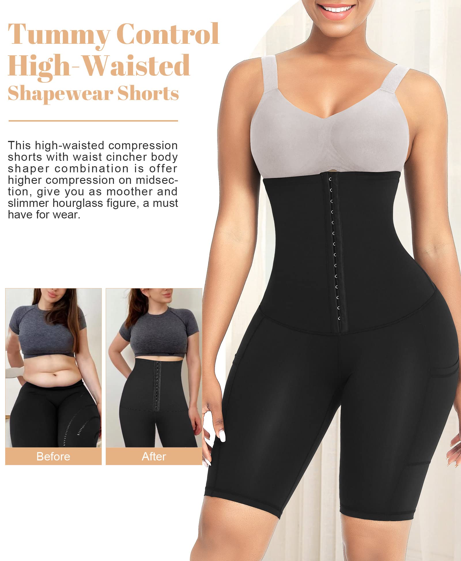 FeelinGirl Womens Tummy Control Waist Trainer High Waisted Shorts Corset Body Shaper Shapewear with Pockets Black
