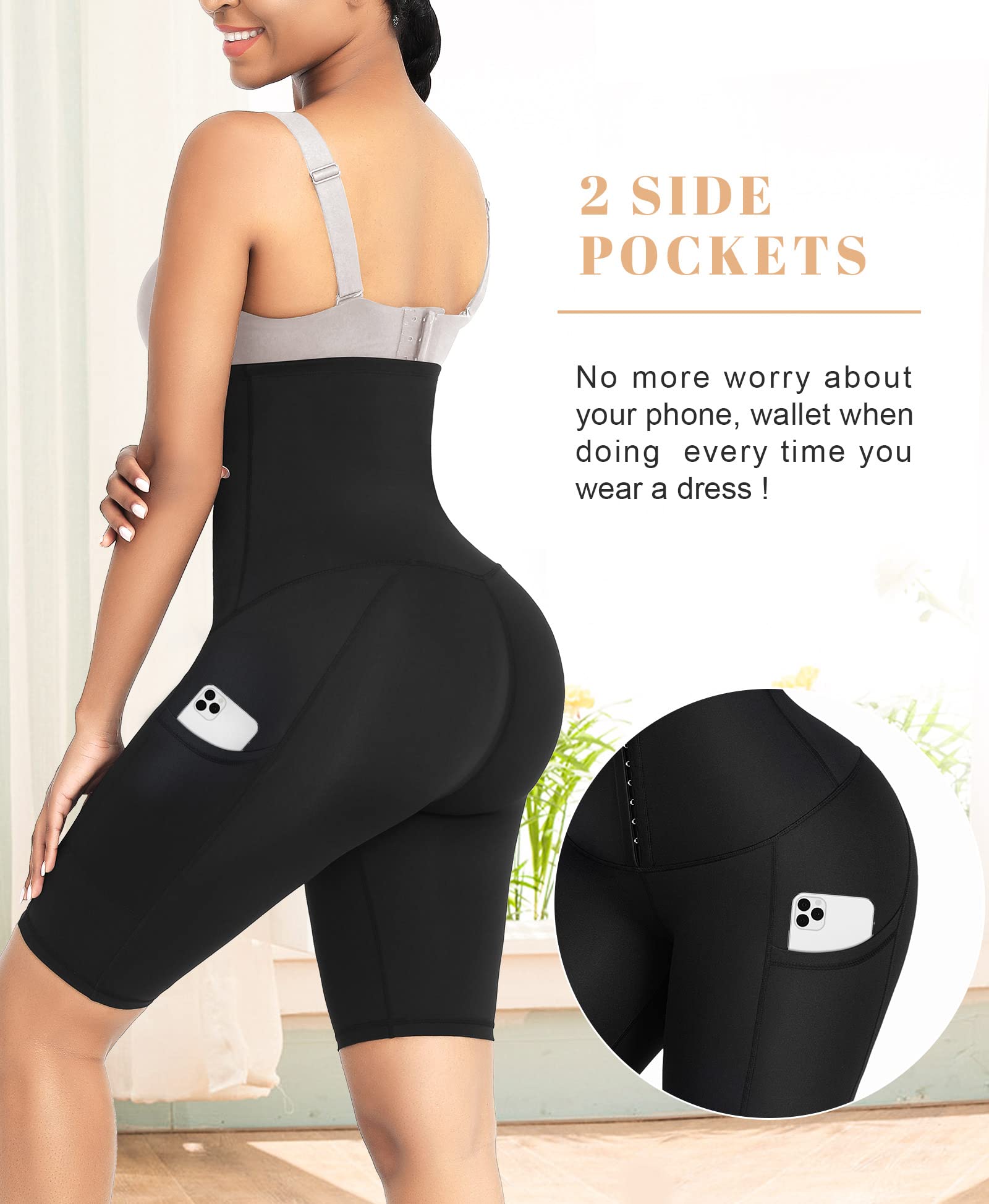 FeelinGirl Womens Tummy Control Waist Trainer High Waisted Shorts Corset Body Shaper Shapewear with Pockets Black