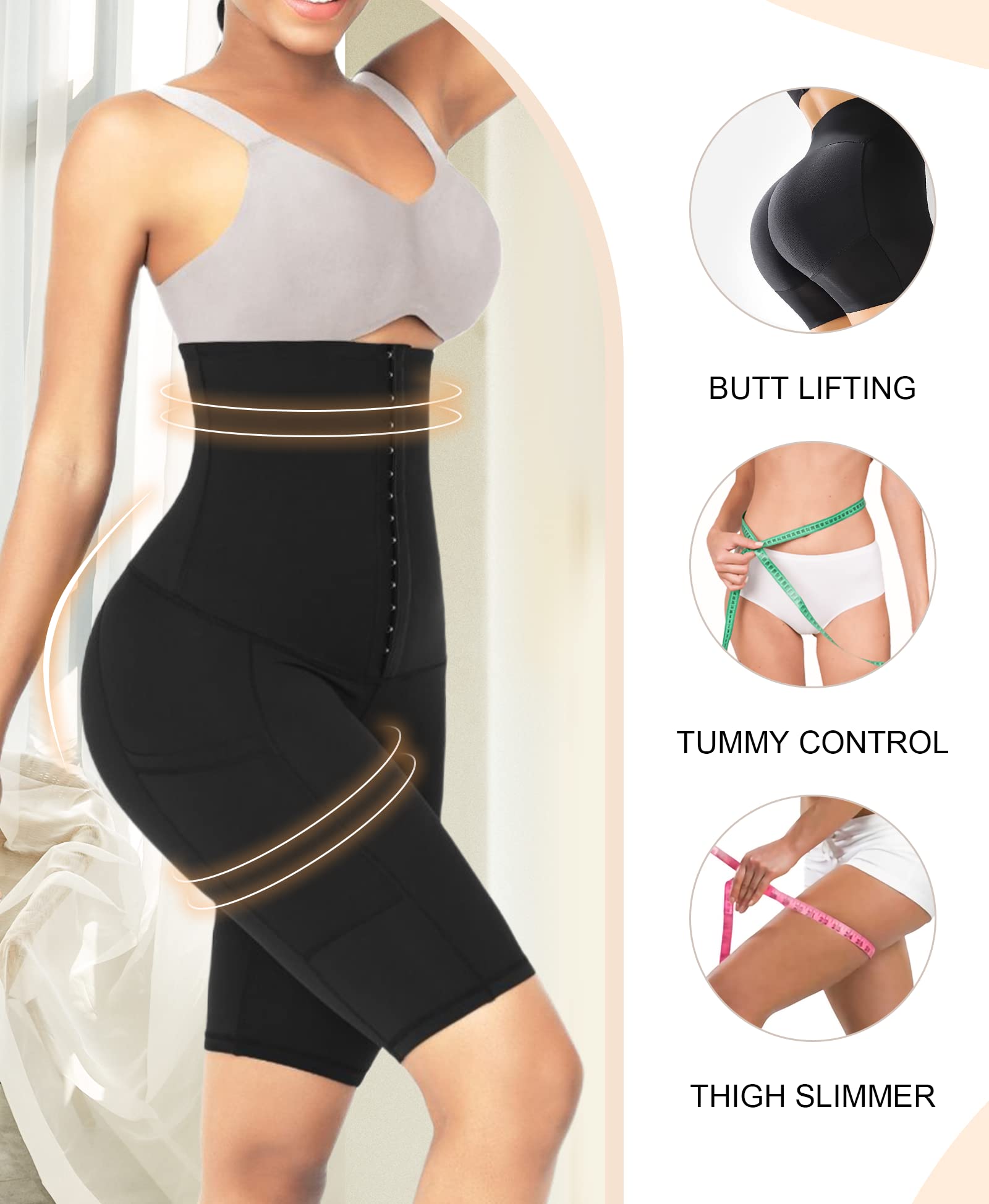 FeelinGirl Womens Tummy Control Waist Trainer High Waisted Shorts Corset Body Shaper Shapewear with Pockets Black