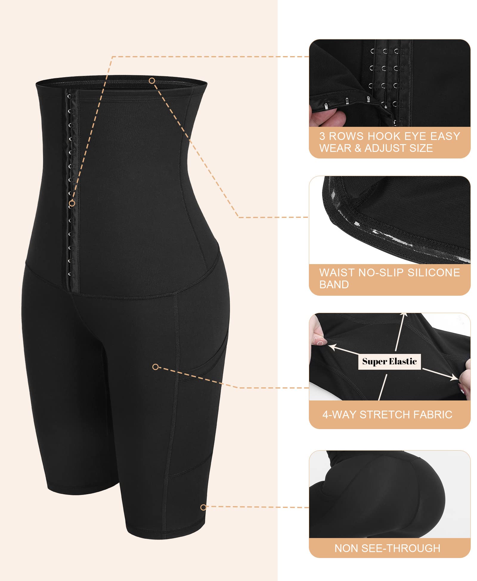 FeelinGirl Womens Tummy Control Waist Trainer High Waisted Shorts Corset Body Shaper Shapewear with Pockets Black