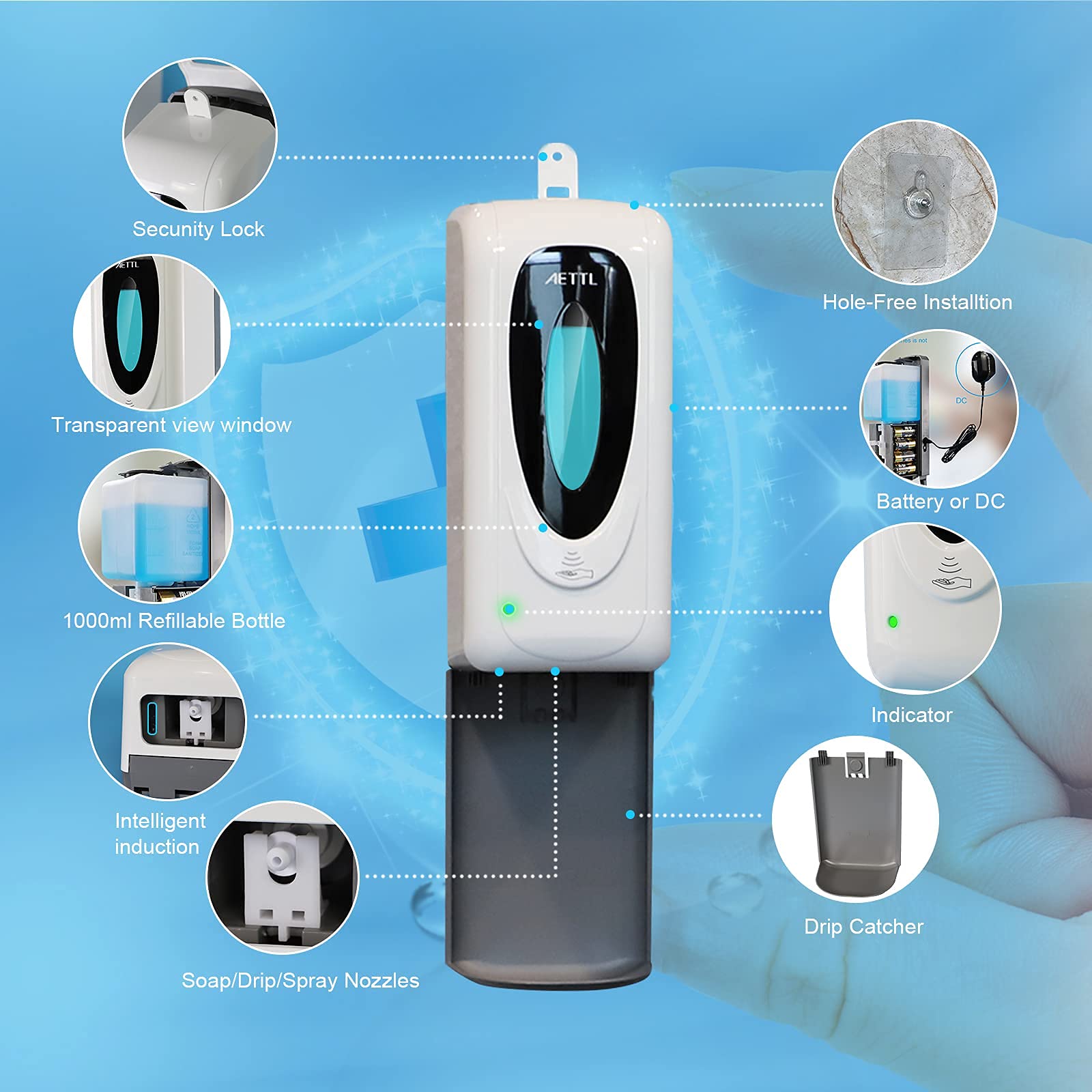 AETTL Touchless Automatic Foaming Hand Soap Dispenser Wall Mount, Motion Sensor Foam Liquid Refill Bottle Sanitizer Dispensing for Bathroom Kitchen Home Farmhouse Station 1306-s