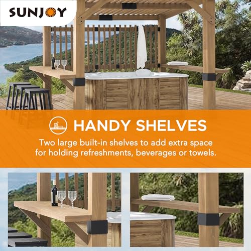 Sunjoy Wooden Grill Gazebo 10 ft. x 11 ft. Outdoor Cedar Frame BBQ Pergola for Backyard and Hot Tub With Privacy Screen and Large Bar Shelves
