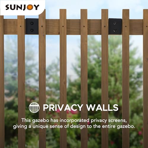 Sunjoy Wooden Grill Gazebo 10 ft. x 11 ft. Outdoor Cedar Frame BBQ Pergola for Backyard and Hot Tub With Privacy Screen and Large Bar Shelves