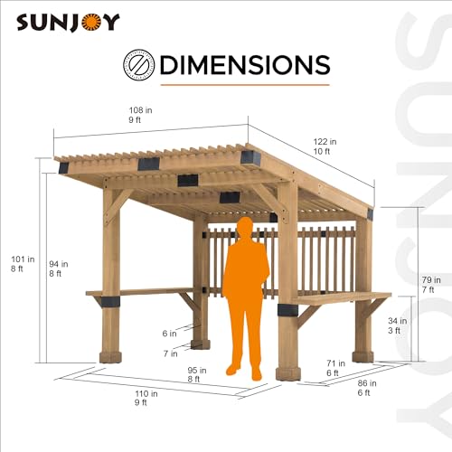 Sunjoy Wooden Grill Gazebo 10 ft. x 11 ft. Outdoor Cedar Frame BBQ Pergola for Backyard and Hot Tub With Privacy Screen and Large Bar Shelves