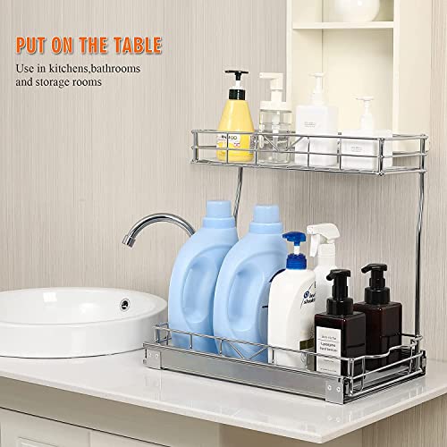 TQVAI Pull Out Cabinet Drawer Organizer, 2 Tier Kitchen Cabinet Roll Out Storage Shelves, Slide Wire Shelf Basket - Request at Least 12 inch Cabinet Opening, Half Top