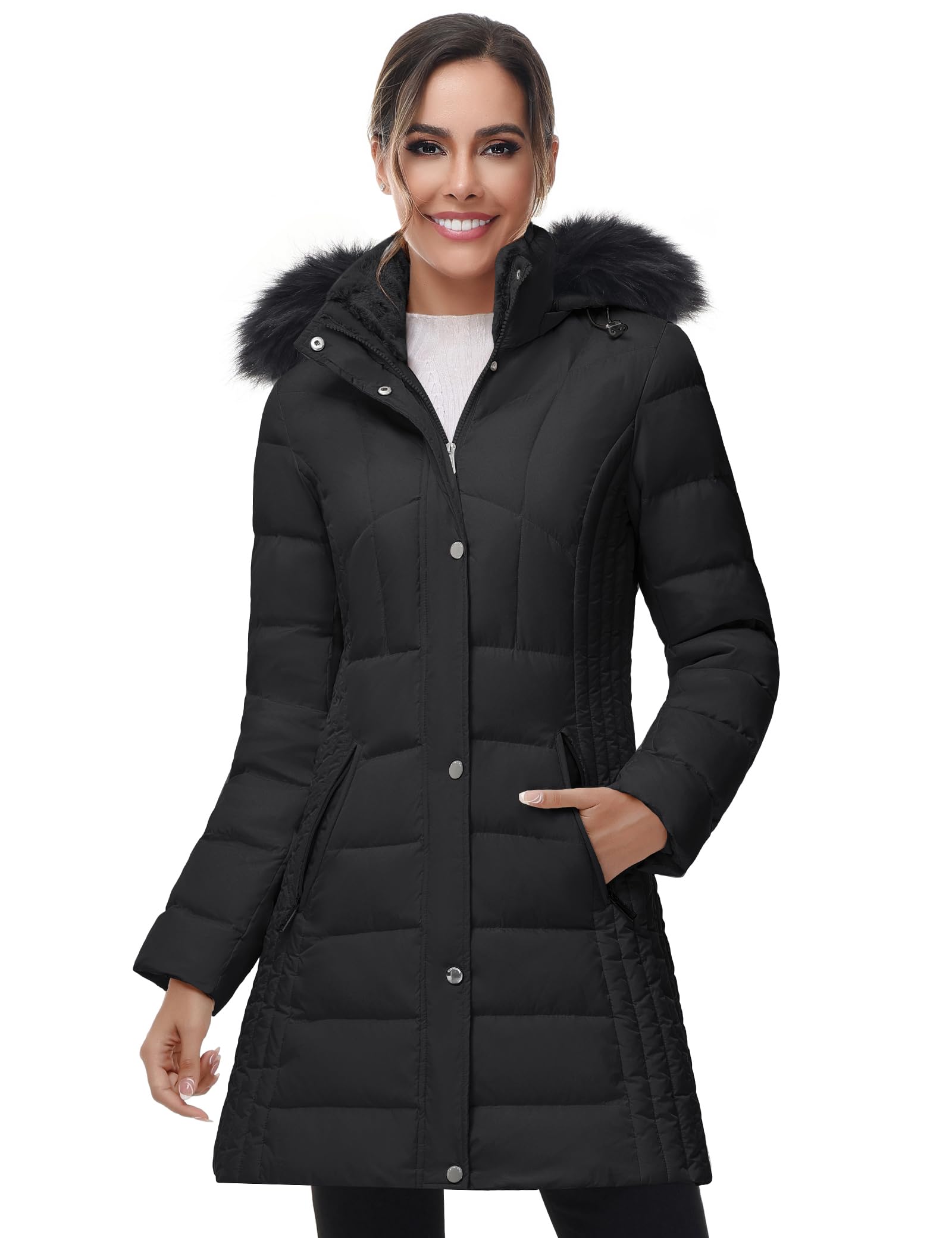 SLOW DOWN Women Winter Down Puffer Coat Warm Hooded Mid-Length Down Jacket for Women with Faux Fur Trim Hood and Pile Collar (Black, XL)