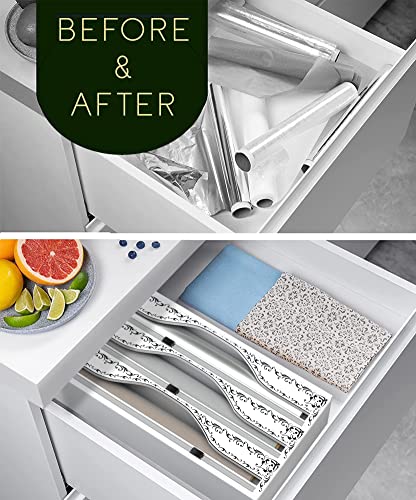 Extra Long Foil and Plastic Wrap Organizer for 15" Rolls, 3 in 1 Plastic Wrap Dispenser with Cutter, Aluminum Foil Organization And Storage, Parchment, Wax Paper Dispenser for Drawer