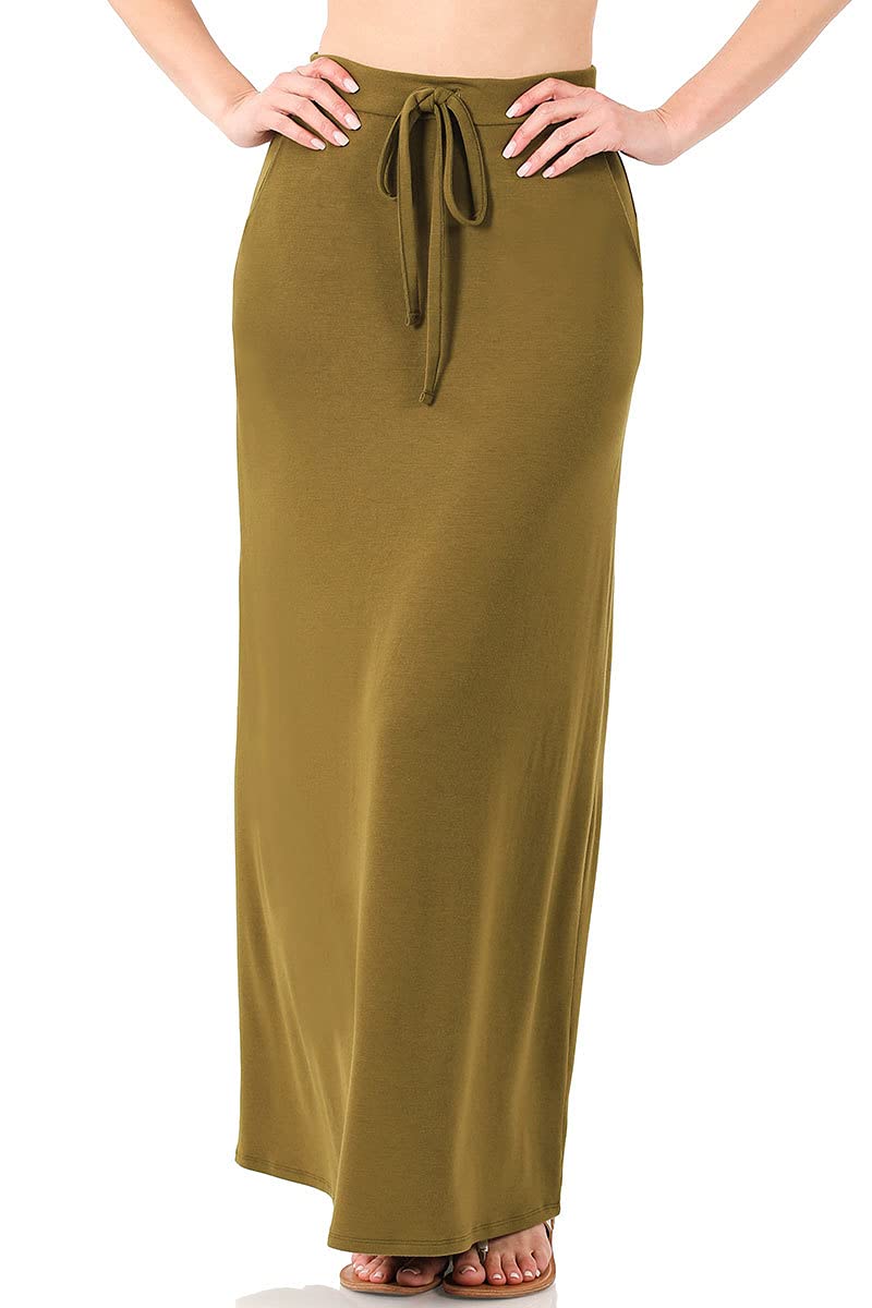 ShezPretty Women's Premium Fold Over High Waist Long Floor Length Maxi Skirt Drawstring (Large, DS-Dusty Olive)